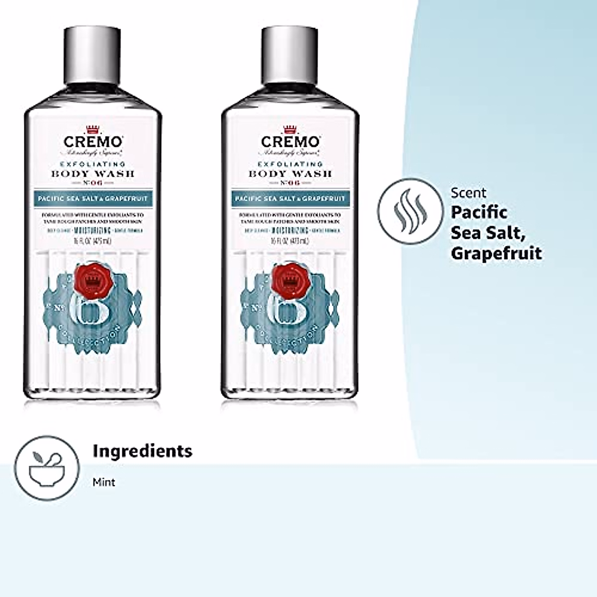 Cremo Exfoliating Pacific Sea Salt & Grapefruit Body Wash, A Refreshing Scent with Notes of Fresh Mint, Citron, Cedar and Moss, 16 Fl Oz (2-Pack)