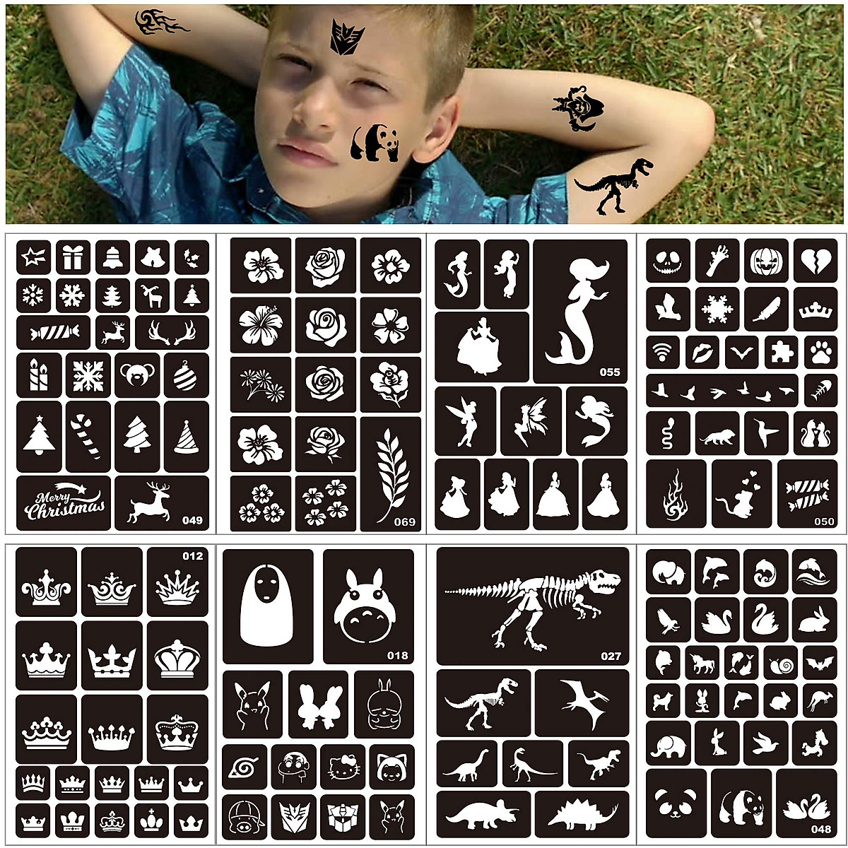 Konsait 262pcs Temporary Tattoos Stencils for Kids, Reusable Face and Body Paint Stencils Kit, Girl Boy Glitter Tattoos Stencils for Kids School Show Birthdays Halloween Christmas Party Favor Supplies
