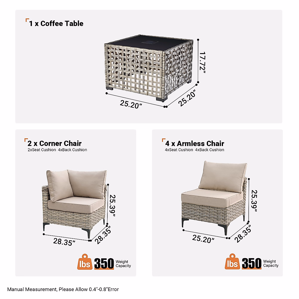 ovios 7 Piece Outdoor Patio Furniture with Glowing Coffee Table, Rattan Wicker Coversation Set with Sofa, Sectional Single Chairs for Outside Porch Balcony Backyard Pool,Beige