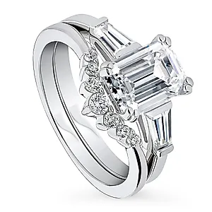 BERRICLE Sterling Silver 3-Stone Wedding Engagement Rings Emerald Cut Cubic Zirconia CZ 7-Stone Ring Set for Women, Rhodium Plated Size 10