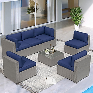 Crownland 7-Pieces Outdoor Patio Furniture Sets, All-Weather Grey Wicker Rattan Sectional Sofa, Modern Glass Coffee Table and Washable Seat Cushion with YKK Zipper (Dark Blue)