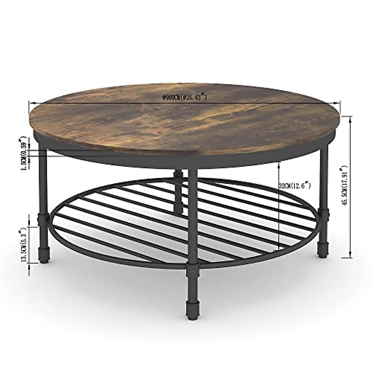Gezen 2-Tier Round Coffee Table, Industrial Coffee Table for Living Room, Wooden Tabletop Rustic Steel Accent Table with Storage Open Shelf- Metal Frame - Retro Brown