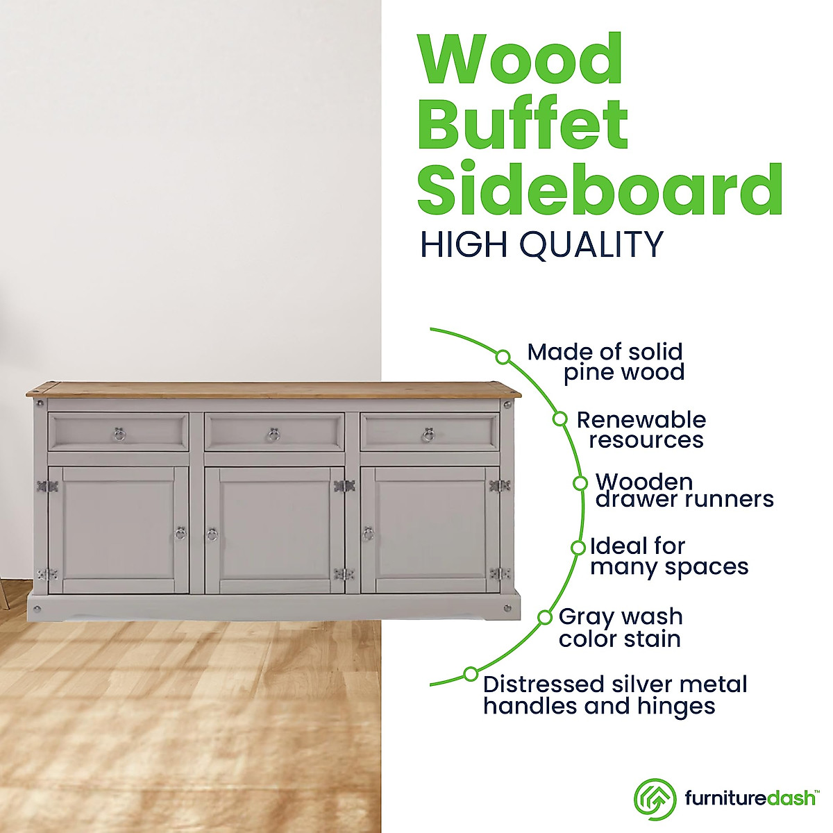 Furniture Dash Solid Wood Sideboard Buffet 65.9" W, 16.9" D, 31.6" H - Wooden Storage Cabinet, Cupboard Console Table, Ideal for Living Room, Kitchen Island, Dining Room