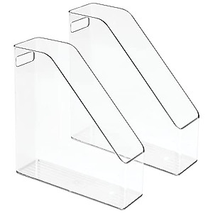 mDesign Plastic Slim Vertical File Folder Bin Storage Organizer with Handle - Hold Notebooks, Binders, Envelopes, Magazines for Home Office, Work Desktops, Ligne Collection, 2 Pack - Clear