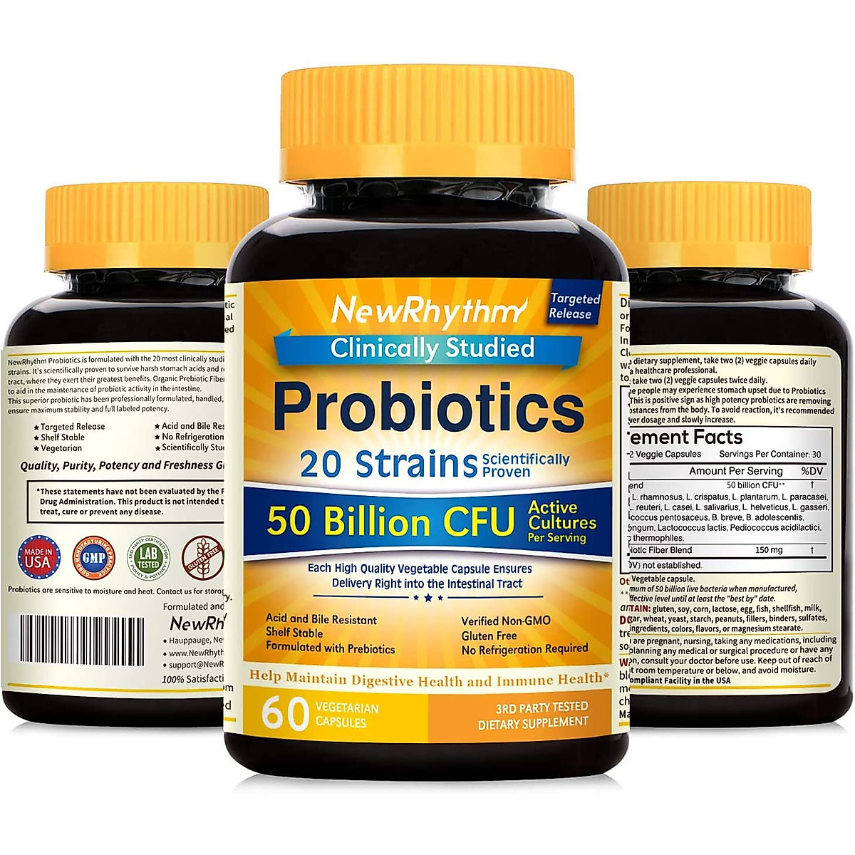 NewRhythm Probiotics 50 Billion CFU 20 Strains, 60 Veggie Capsules, Targeted Release Technology, Stomach Acid Resistant, No Need for Refrigeration, Non-GMO, Gluten Free