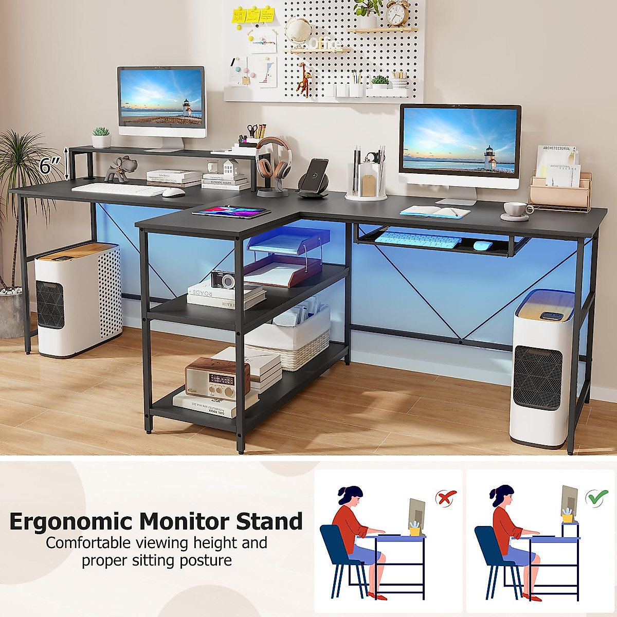 Giantex 94.5” 2 Person Desk with LED Lights, Long PC Study Desk with Storage Shelves, Power Outlets, Keyboard Tray & Monitor Stand, Double Computer Desk Workstation for Home Office (Black)