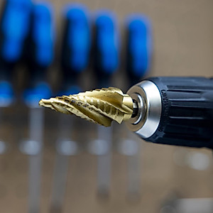 NEIKO 10180A Steel Spiral Quick-Change Step Drill Bit for Metal with 4-Flute Spiral Grooved Design, Nitride-Coated High-Speed Steel Multitool with 12 Sizes in 1 Step Bit, Unibit, Hole Drill Bit