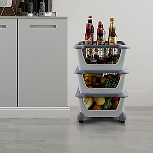 Farmoon 5 Pack Plastic Stackable Storage Baskets, Grey Plastic Stacking Baskets with Wheels