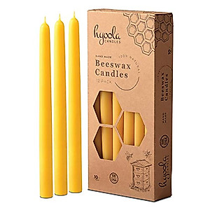 Hyoola 10 Inch Beeswax Taper Candles - 12 Pack - Handmade, All Natural, 100% Pure Unscented Bee Wax Candle - Tall, Decorative, Golden Yellow - 10 Hour Burn Time