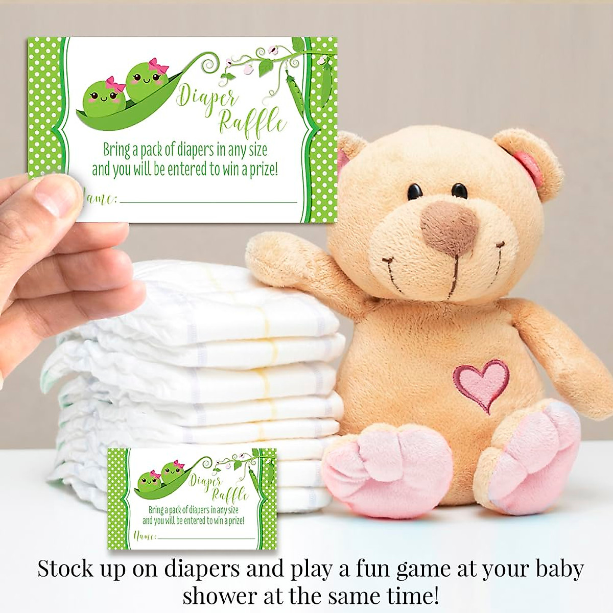 Two Peas In A Pod Twin Girls Diaper Raffle Tickets for Baby Showers, 20 2" X 3” Double Sided Insert Cards for Games by AmandaCreation, Bring a Pack of Diapers to Win Favors & Prizes!