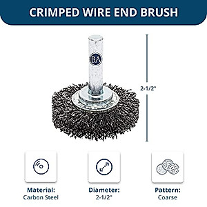 Benchmark Abrasives 2-1/2" Mounted Crimped Wire Wheel for Cleaning deburring on Cast Iron, Steel, Titanium, Nickel, 1/4" Shank for Rotary Tools (5 Pack) - Carbon Steel