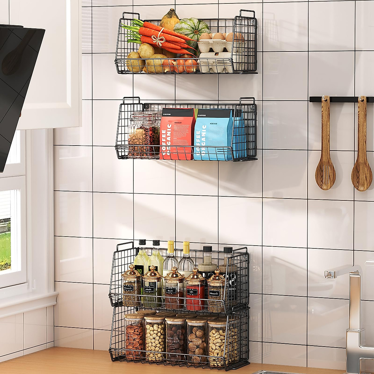 4 Pack Extra Large Stackable Wire Baskets, Pantry Organization and Storage,Wire Baskets for Organizing,Countertop Snack Chips Can Organizer,Household Storage Bins for Cabinet, Kitchen, Closet