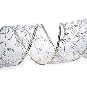 Wire Edged Ribbon Silver Sheer Organza Gift Wrap Ribbon Clearance Metallic Wired Trim & Glitter Decorative White 50 Yards x 2.5 inch Wide 1 Roll Large