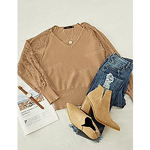 MEROKEETY Women's V Neck Lace Long Sleeve Ribbed Knit Sweater Solid Color Pullover Tops