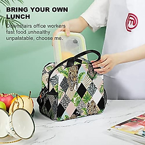 Tropical Palm Leaves and Exotic Leopard Printed Lunch Box Tote Bag with Handles and Shoulder Strap for Men Women Work Picnic