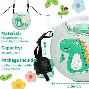 PHEENOWL 13oz Donut Water Bottle with Straw for Kids, BPA Free & Leak Proof Sports Cup for Boys Toddler Drink Bottle with Shoulder Strap for Outdoor and School (Dinosaur)