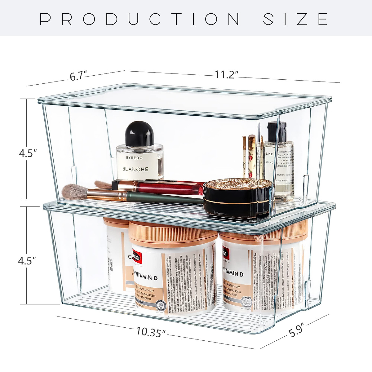 Hudgan Clear Plastic Storage Organizer Bins with Acrylic Lids for Home Office, Kitchen, Cupboard, Pantry Shelves, Medicine Cabinet, Craft Rooms - 4.5-Inches Tall - 4 Pack