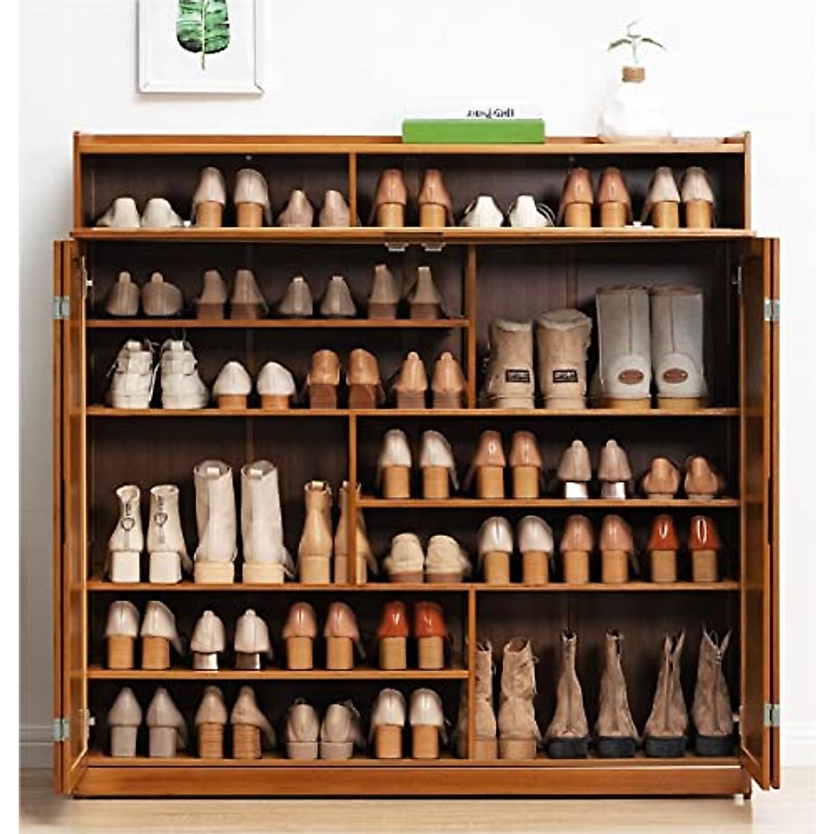 Gdrasuya10 Bamboo Entryway Shoe Storage Cabinet with 2 Folding Doors, 7 Tier Shoe Rack Organizers Shoe Cabinet for Shoes Boots Slippers Sneakers Large Capacity for Home (46" L)