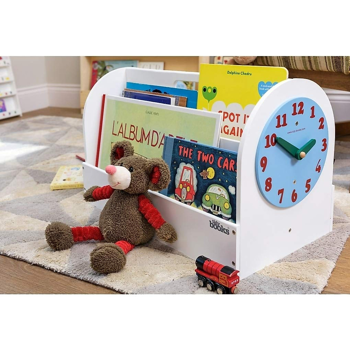 Tidy Books® Children’s Book Storage Box - 13.8”x21.7”x12.2” - Clockface Book Caddy - The Original Handmade Classic Book Storage Solution for Kids Age 3-10 - White