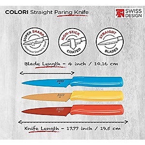 Kuhn Rikon Straight Paring Knife with Safety Sheath, 4 inch/10.16 cm Blade, Red, Yellow & Blue (Pack of 1)