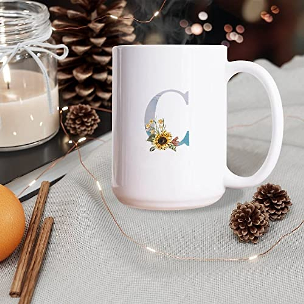 Yelolyio Watercolor Floral Monogram Coffee Mug, Alphabet Initial Letter C Coffee Cup, Monogram Mug Cup, 15oz