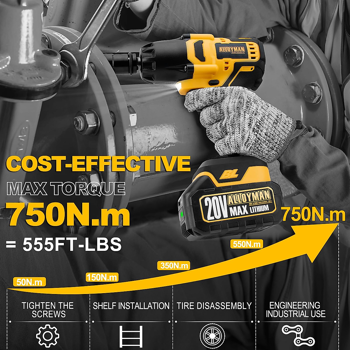 Alloyman 1/2 inch Impact Wrench Cordless, Max Torque 555 Ft-lbs Battery Impact Wrench 20V Brushless Motor 2000 RPM, with 6 Sockets, 3 Extension Bars, 4.0 AH Li-ion Battery and 1 Hour Fast Charge