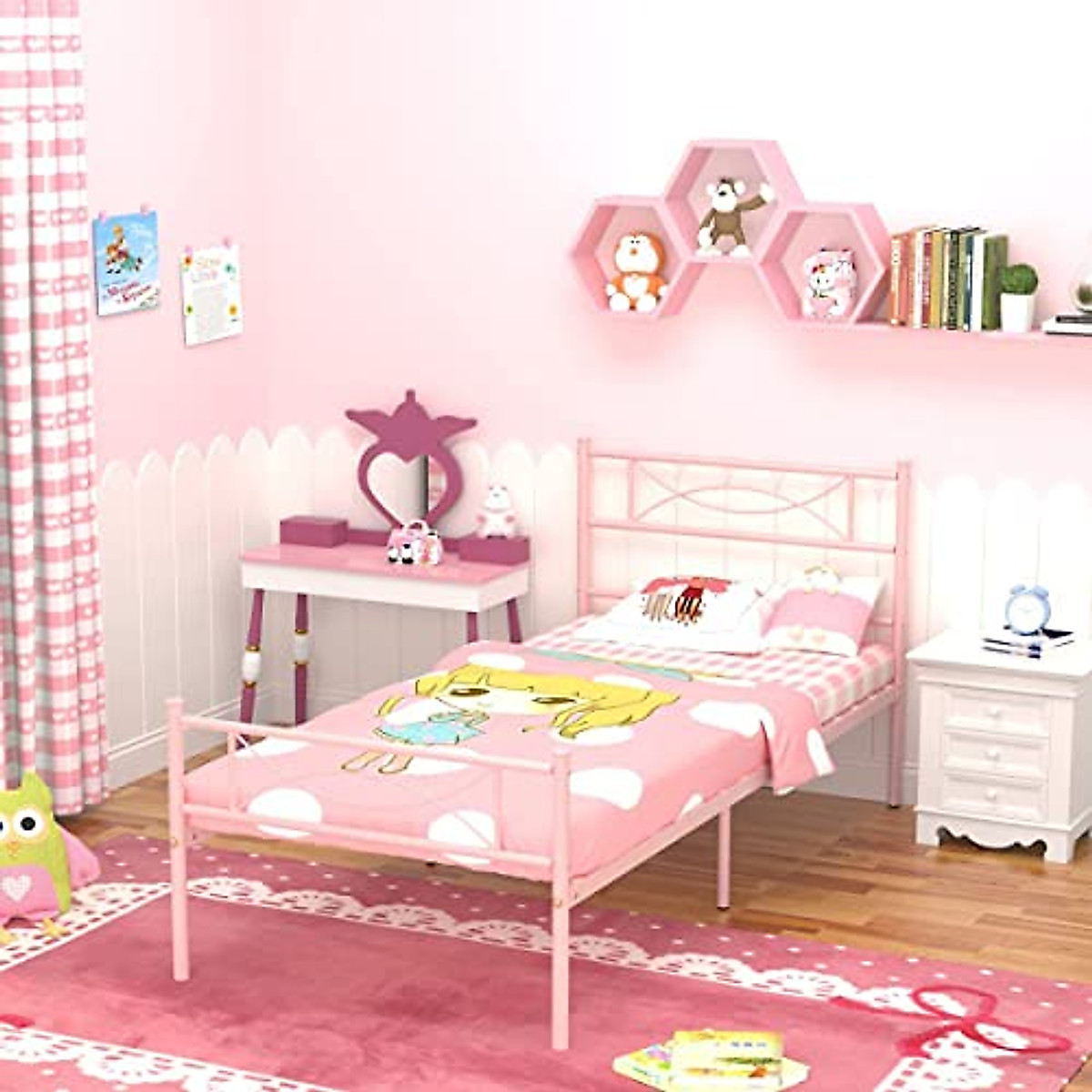 Pink Twin Bed Frame for Girls, Bed Mattress Foundation Support with Headboard and Footboard No Box Spring Need Metal Platform Bed