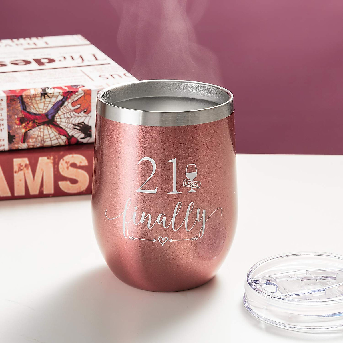 Crisky Rose Gold 21 & Finally Wine Tumbler for Girl 21st Birthday Gifts Funny Ideas for Girlfriend, Sister, Friends, Daughter, Her Wine Glass, Vacuum Insulated Coffee Cup 12oz, with Box, Lid and Straw