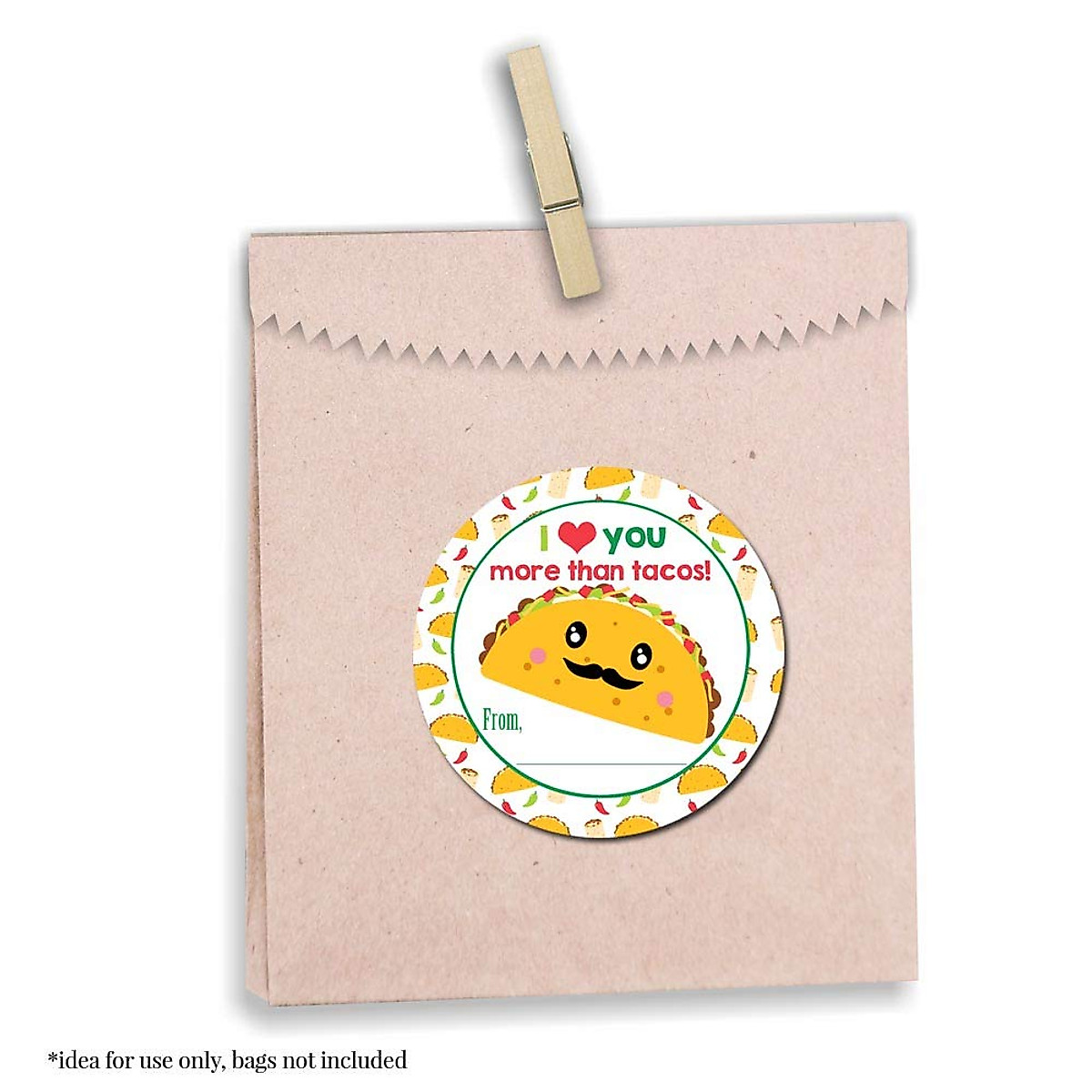 “I Like You More Than Tacos” Taco-Themed Valentine Party Favor Sticker Labels, 40 2" Party Circle Stickers by AmandaCreation, Great for Classroom Valentines, Envelope Seals, Gifts & Treats