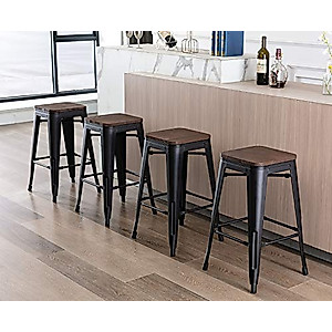 Kmax Industrial Metal Bar Stools Set - Counter Height Bar Stools Chairs Wood Seat Without Backrest Indoor Outdoor, 26", Set of 4, Black