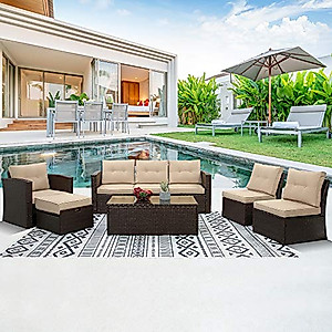 Outdoor Patio Furniture Sets 8-Piece Aluminum Patio Conversation Sets, All Weather Wicker Rattan Sectional Couch Sofa Set with Glass Coffee Table & Single Sofa with Ottoman (Brown/Beige)