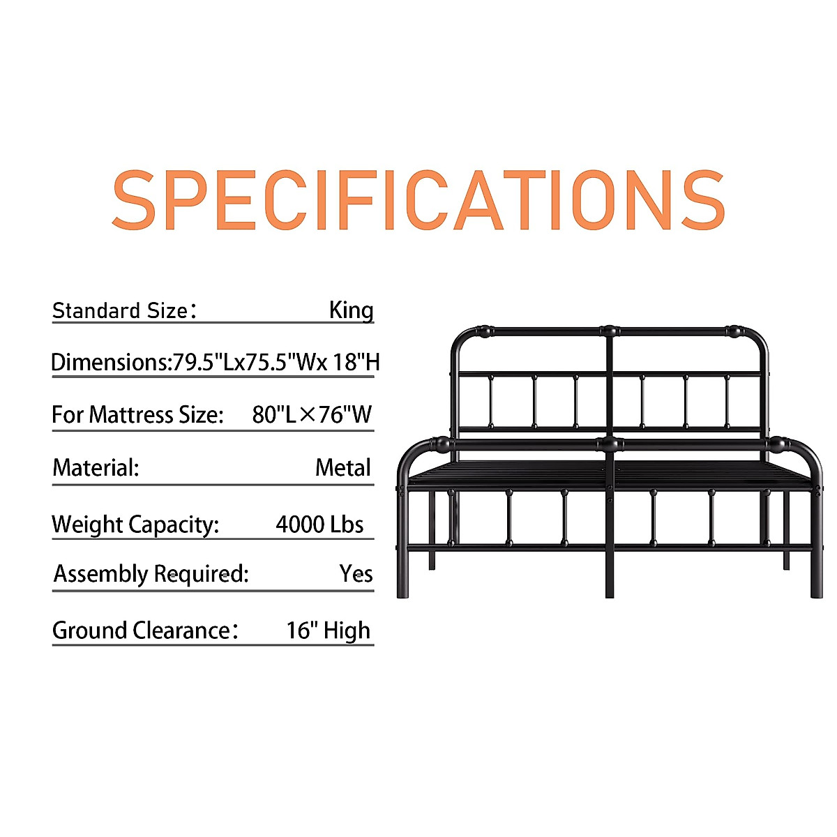 Bednowitz King-Bed-Frame-with-Headboard and Footboard, 18 Inch High Metal Platform King-Size-Bed-Frame, 4000 Lbs Heavy Duty Steel Slats Support, No Box Spring Needed, Noise Free