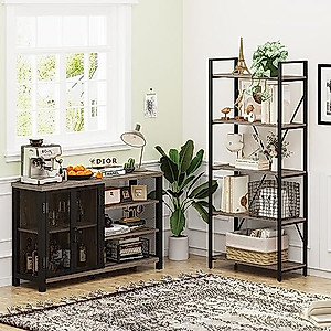BON AUGURE Multi-Functional Coffee Bar Cabinet with Industrial 5 Tier Bookcase for Home Office (Dark Gray Oak)
