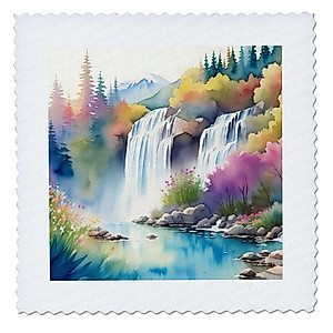 3dRose Pretty Image of Watercolor Water Falls Forest Background - Quilt Squares (qs-384192-5)