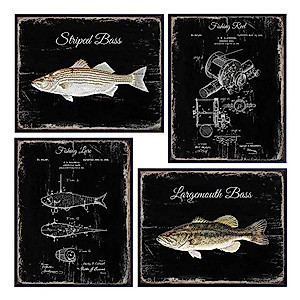 Vintage Bass Fishing Patent Print Set - Rustic Freshwater Lake or River Fish Sign Style Posters - Reel, Lure Wall Art, Home Decor, Room Decoration Picture Photos - Gift for Fisherman, Angler -Unframed