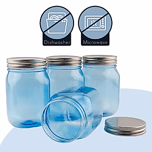 Cornucopia Brands 16oz PLASTIC Mason Jars (8-Pack, Blue w/Silver Metal Lids); PET BPA-Free Mason Jars w/One Piece Lids, 2-Cup/Pint Capacity