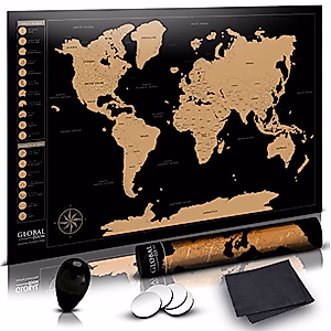Global Zoom Scratch-Off World Map with US States-Track Travel Routes, Iconic Landmarks and World Wonders -Thick, Laminated Large Poster for Wall (24"x36") - Includes Scratch Tool and Cleaning Cloth