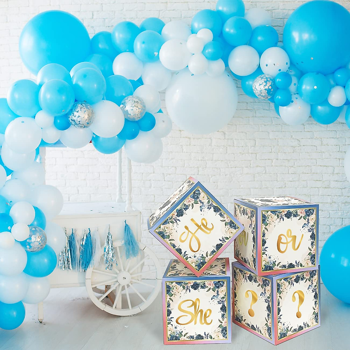 Gender Reveal Balloon Box - 4 Sets of He or She with Letters,Baby Blocks for Baby Shower Backdrop,Navy and Blush Gender Reveal Decoration Kit for Boy or Girl Baby Shower Gender Reveal Party Supplies