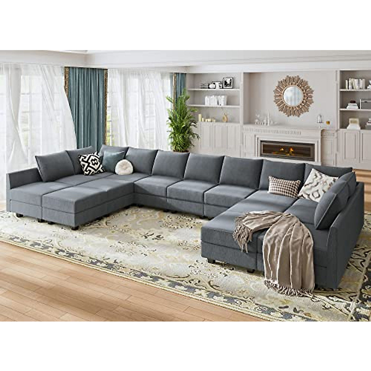 HONBAY Oversized Modular Sofa U Shape Modular Couch with Chaise Modular Sectional Couch Sofa with Storage Seats, Bluish Grey