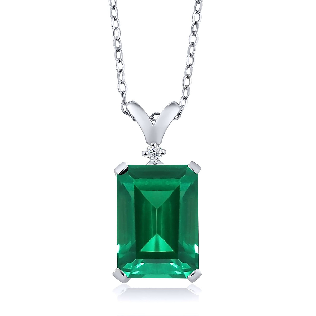 Gem Stone King 925 Sterling Silver Green Nano Emerald and White Diamond Pendant Necklace For Women | 6.52 Cttw | Emerald Cut 14X10MM | With 18 Inch Chain