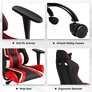 Gaming Chair Racing Desk Chair Ergonomic Office Chair Executive High Back PU Leather Computer Chair with Lumbar Support Task Rolling Swivel Chair for Men Teens Adults (Red)