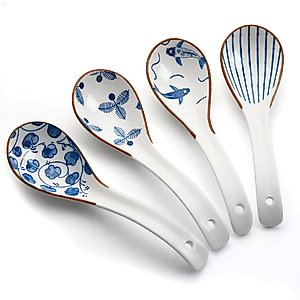 IQCWOOD Porcelain Soup Spoons, 6.2 inch Asian Soup Spoons, Ramen spoons, Japanese soup spoons for Pho, Wonton, Noodles, Chinese Ceramic Rice Spoons, Set of 4