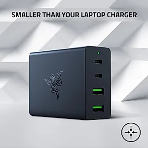 Razer USB-C 130W GaN Charger: 4 Ports - Super Fast Charging for Laptops, MacBook, iPad, iPhone, Samsung Galaxy - Charge Multiple Devices - Compact & Travel Ready - International Plugs Included - Black