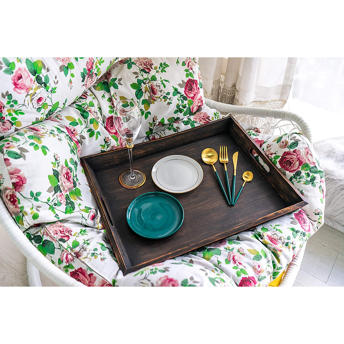 EZDC Extra Large Ottoman Tray, Coffee Table Tray, Wooden Tray Dark Brown 20 x 15.5” Modern Esthetic Decorative Serving Tray with Handles for Drinks and Food