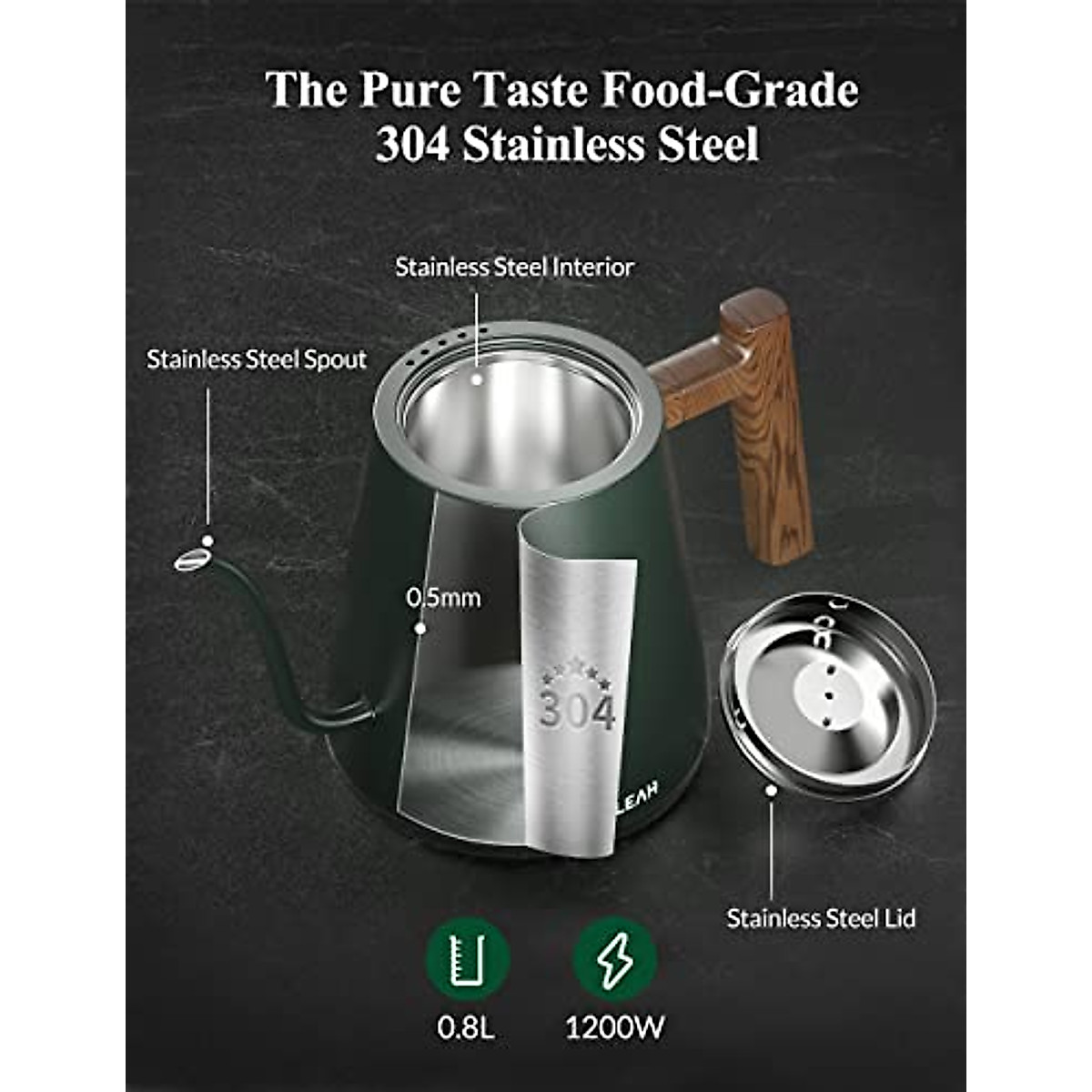 KLEAH Electric Kettle Gooseneck with Temperature Control Stainless Steel Automatic Shut Off Coffee Kettle Hot Water Boiler Pour Over Tea Kettle 1200 Watt Quick Heating Keep Warm, 0.8L for Gift