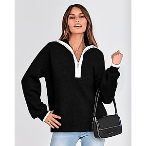 BTFBM Women's 2023 Fall Winter Half Zip Pullover Sweaters Casual V Neck Long Sleeve Ribbed Knit Loose Jumper Tops(Solid Black, Medium)