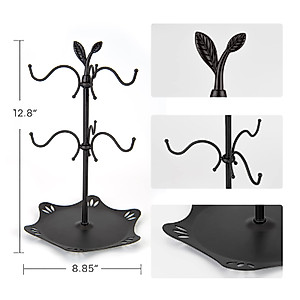 Coffee Mug Holder for Large Mugs, Mug Tree for Counter, Coffee Cup Holder for Countertop, Mug Rack with Tray, Metal Coffee Mug Tree with 6 Hooks, Coffee Counter Bar Accessory & Kitchen Home Organizer