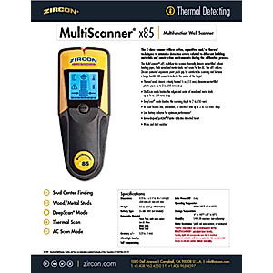 Zircon x85 Center Finding Stud Finder with AC Live Wire Detection and Thermal Wall Scanner for Detecting Water-Filled PEX Tubing up to 2 inches Deep