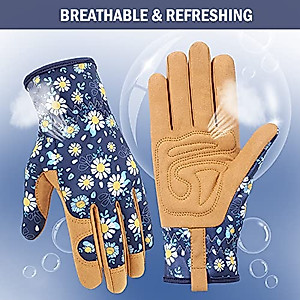 Granila Gardening Gloves for Women, Leather Breathable Garden Working Gloves for Weeding, Digging, Planting, Raking and Pruning (Blue and Brown)