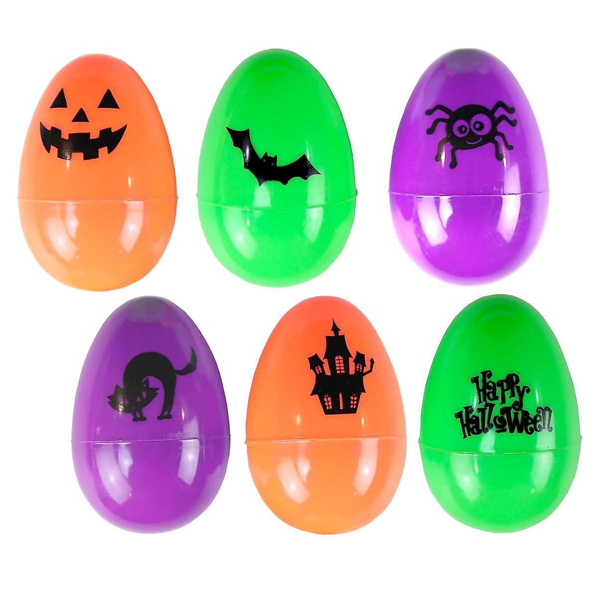 Iconikal 72-Count Halloween Eggs - Durable Plastic Holiday Treat Containers in Orange, Neon Green, and Purple Featuring 6 Different Fun Designs (2.3 x 1.6)